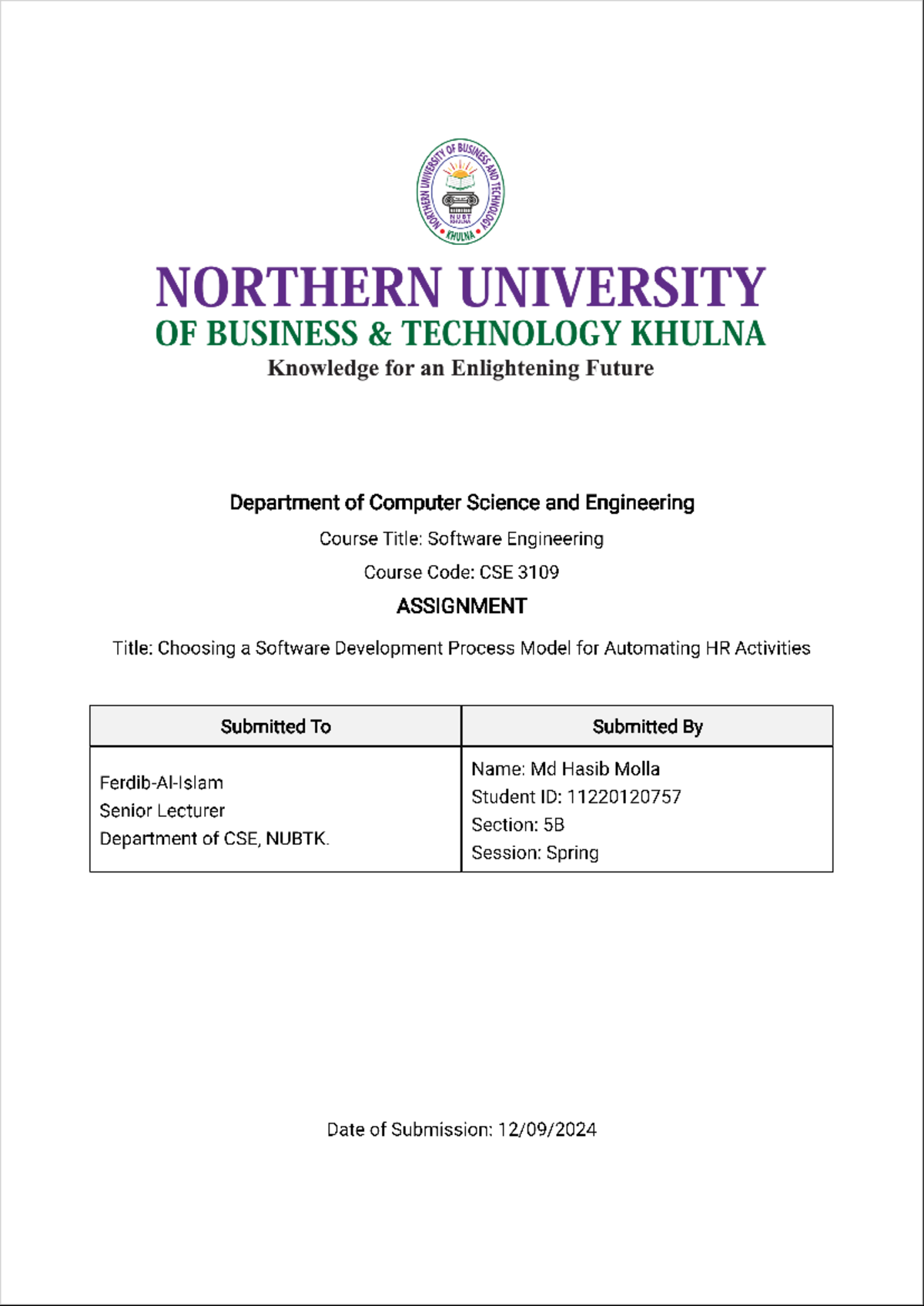 Software (1) (1) - Assignment - OF BUSINESS AND INTERNATIONAL NUBT KHULNA KHULNA NORTHERN ...