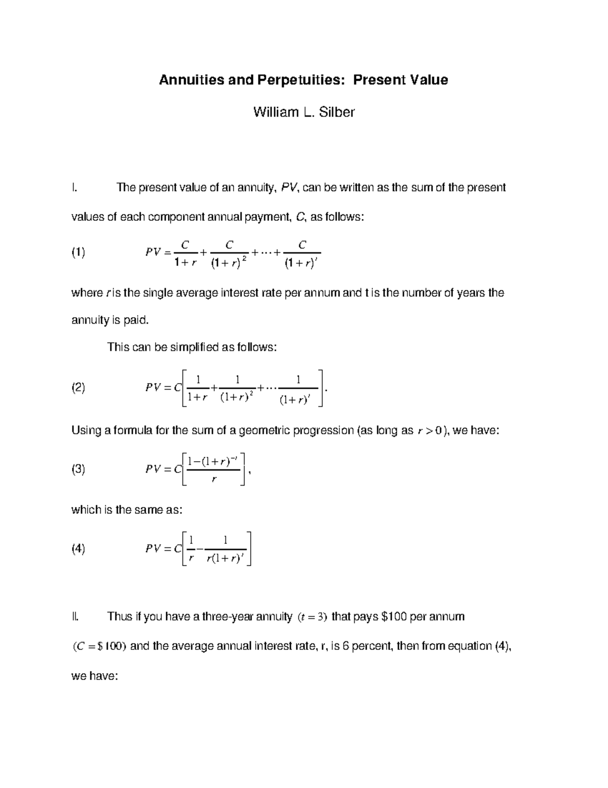 Annuities and Perpetuities - Silber I. The present value of an annuity ...