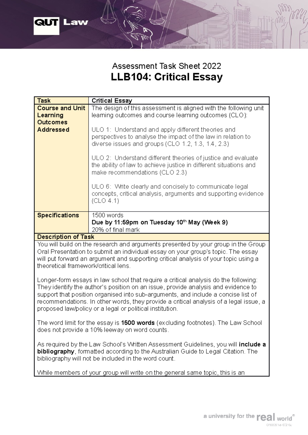 Critical Essay Task Sheet and CRA 2022(4) - LLB202 - QUT - Studocu