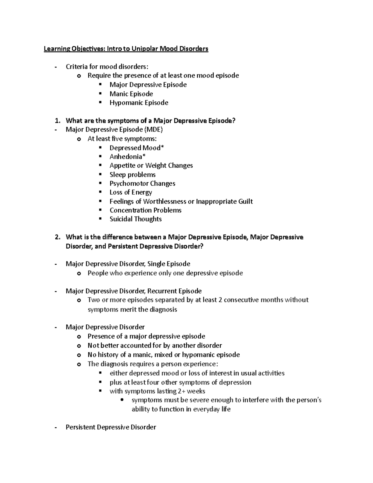 CLP Exam 2 Study Guide - Learning Objectives: Intro to Unipolar Mood ...