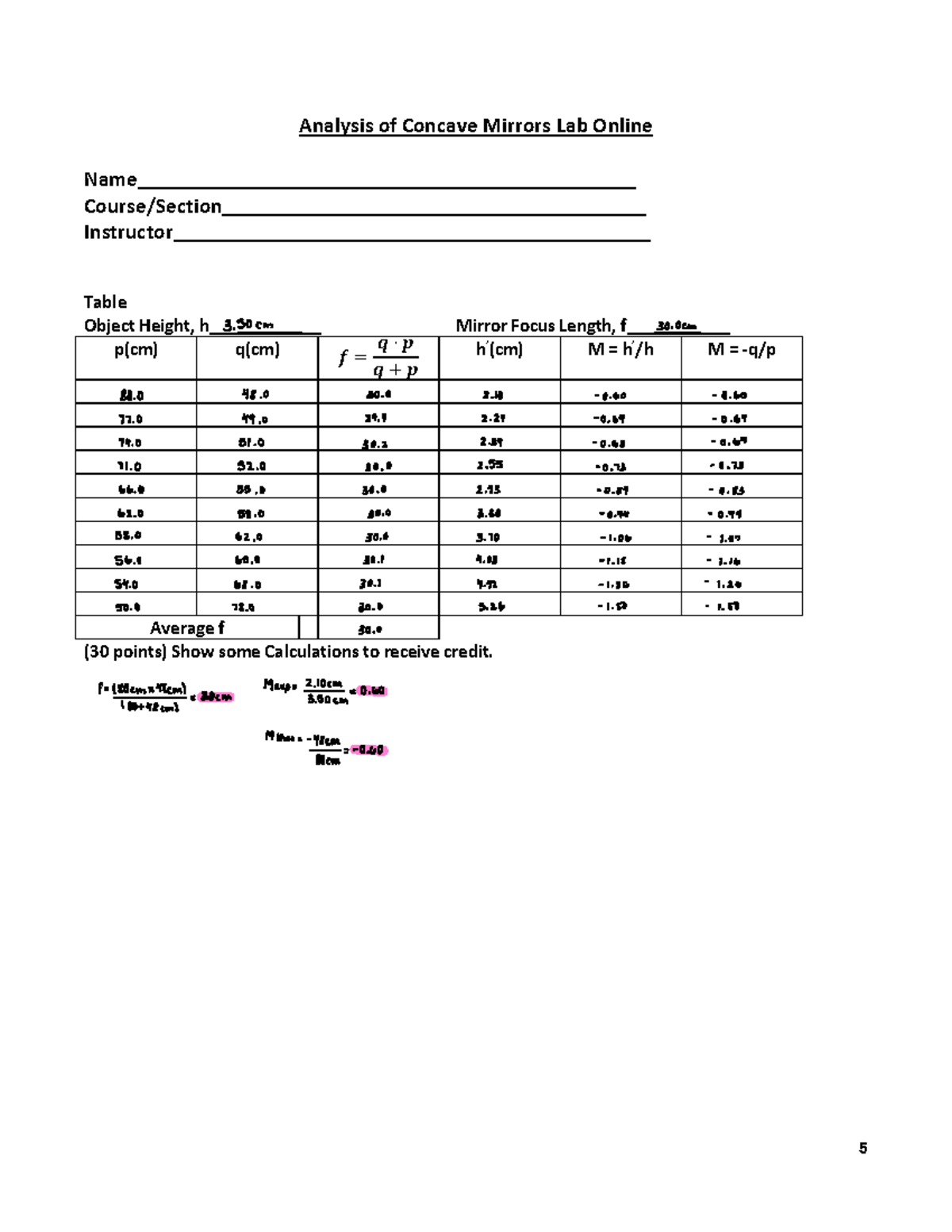 Fall2023 Concave Mirrors Lab Online-1 - 5 Analysis of Concave Mirrors ...
