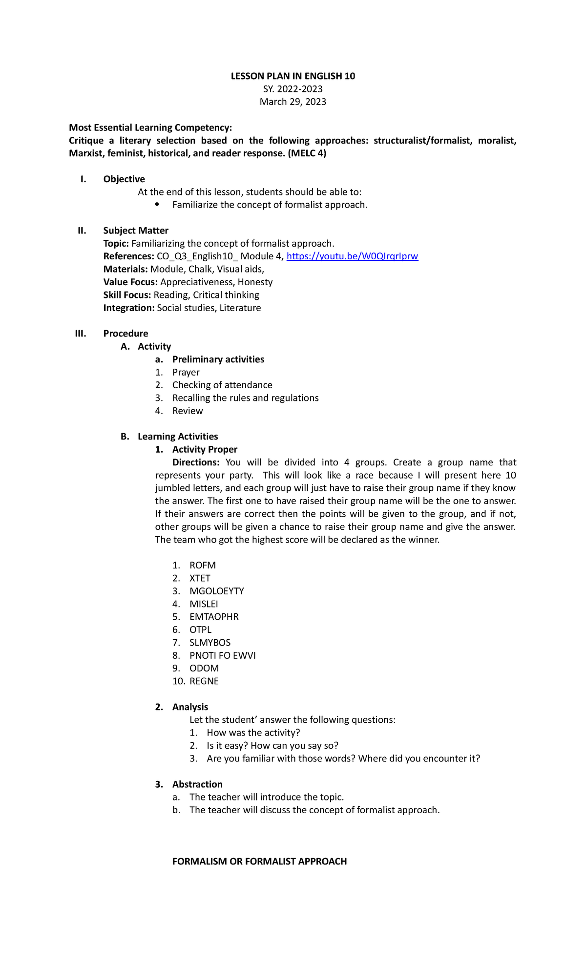 LP English - Lesson plan for E10 - LESSON PLAN IN ENGLISH 10 SY. 2022 ...