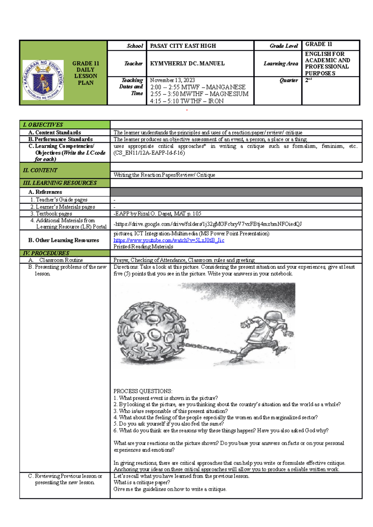 1 EAPP- Critique - Criticisms are welcome. - GRADE 11 DAILY LESSON PLAN ...