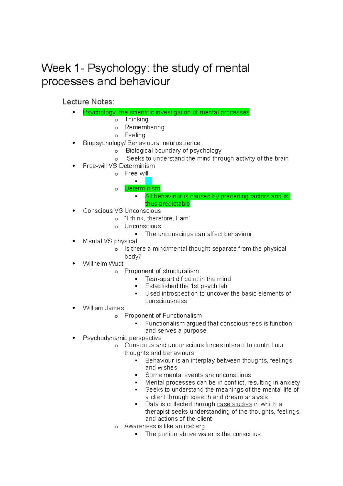 Week 1 - summary of notes from wk 1 - Week 1- Psychology: the study of ...