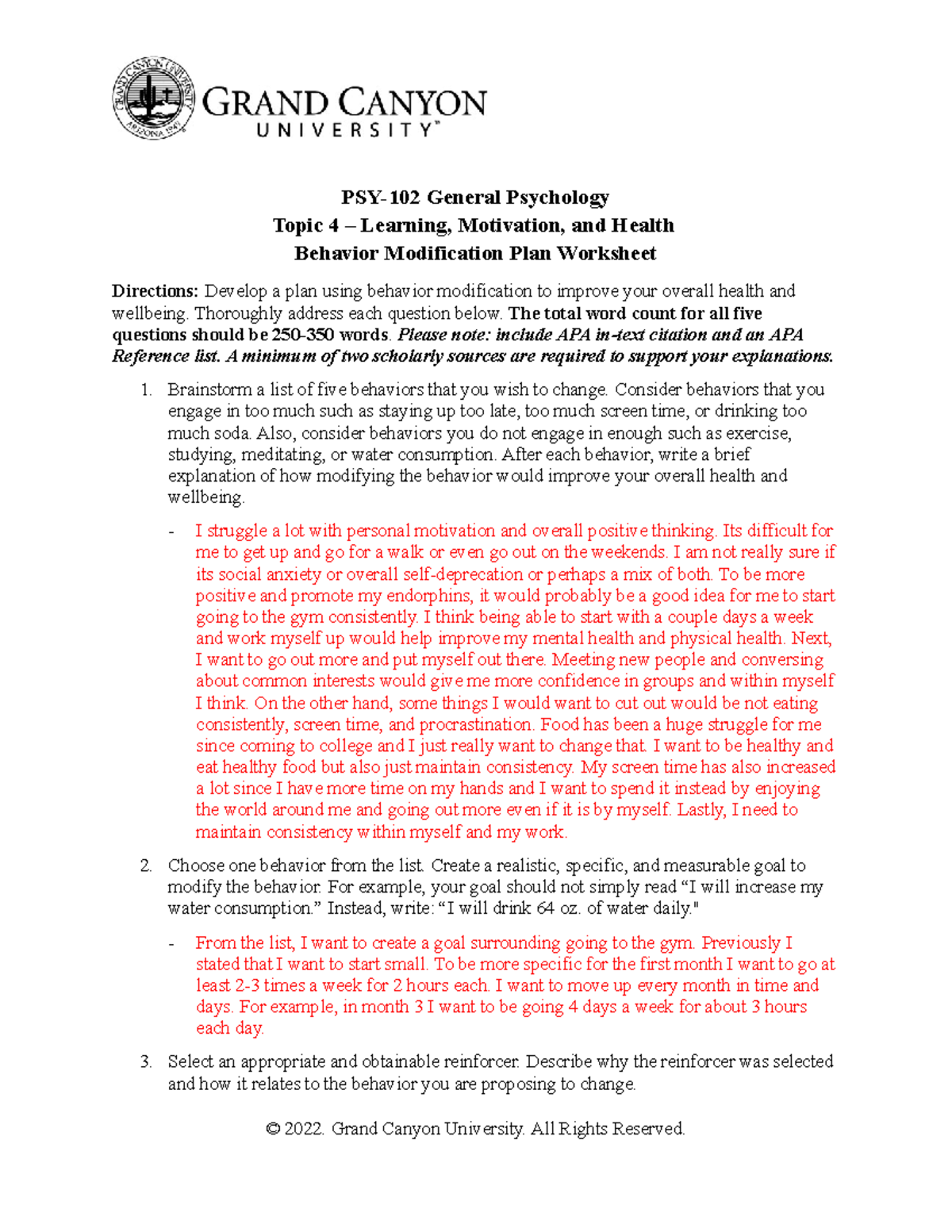 PSY 102 RS T4 Behavior Modification Plan - PSY-102 General Psychology ...
