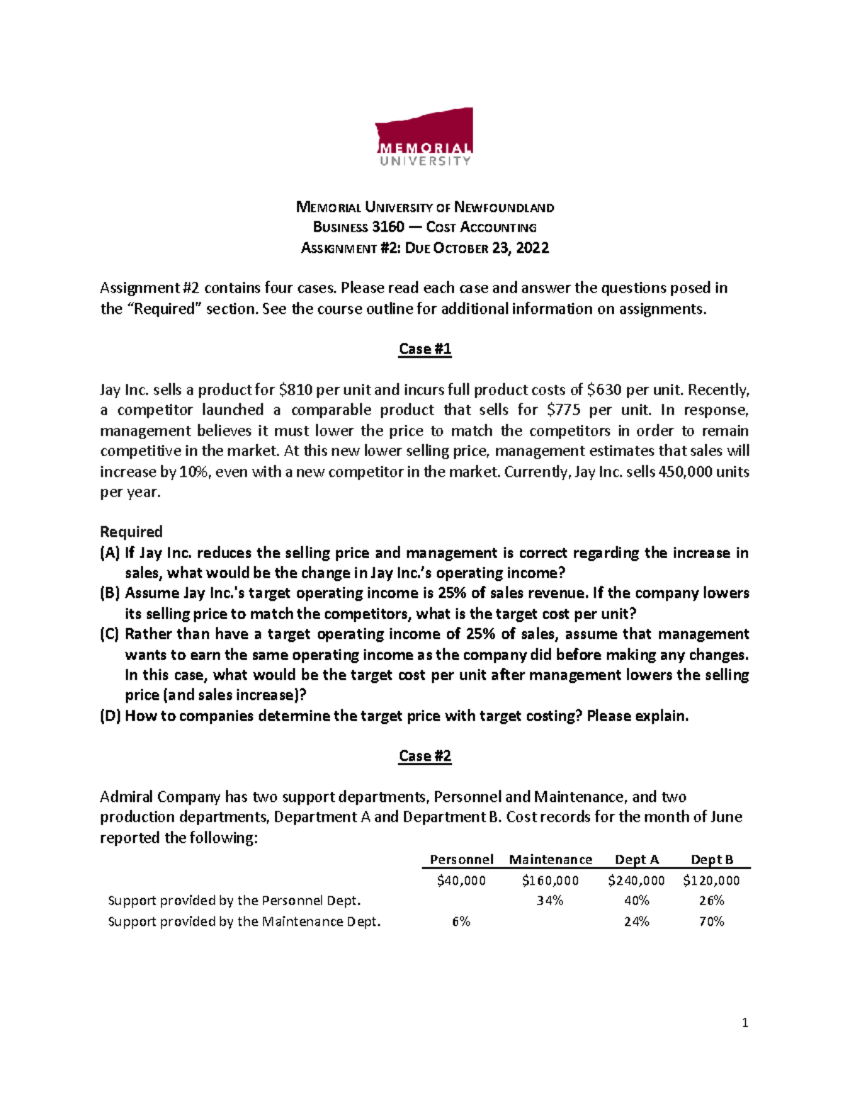 B3160-081 (F2022) A2 - Assignment 2 - 1 MEMORIAL UNIVERSITY OF ...