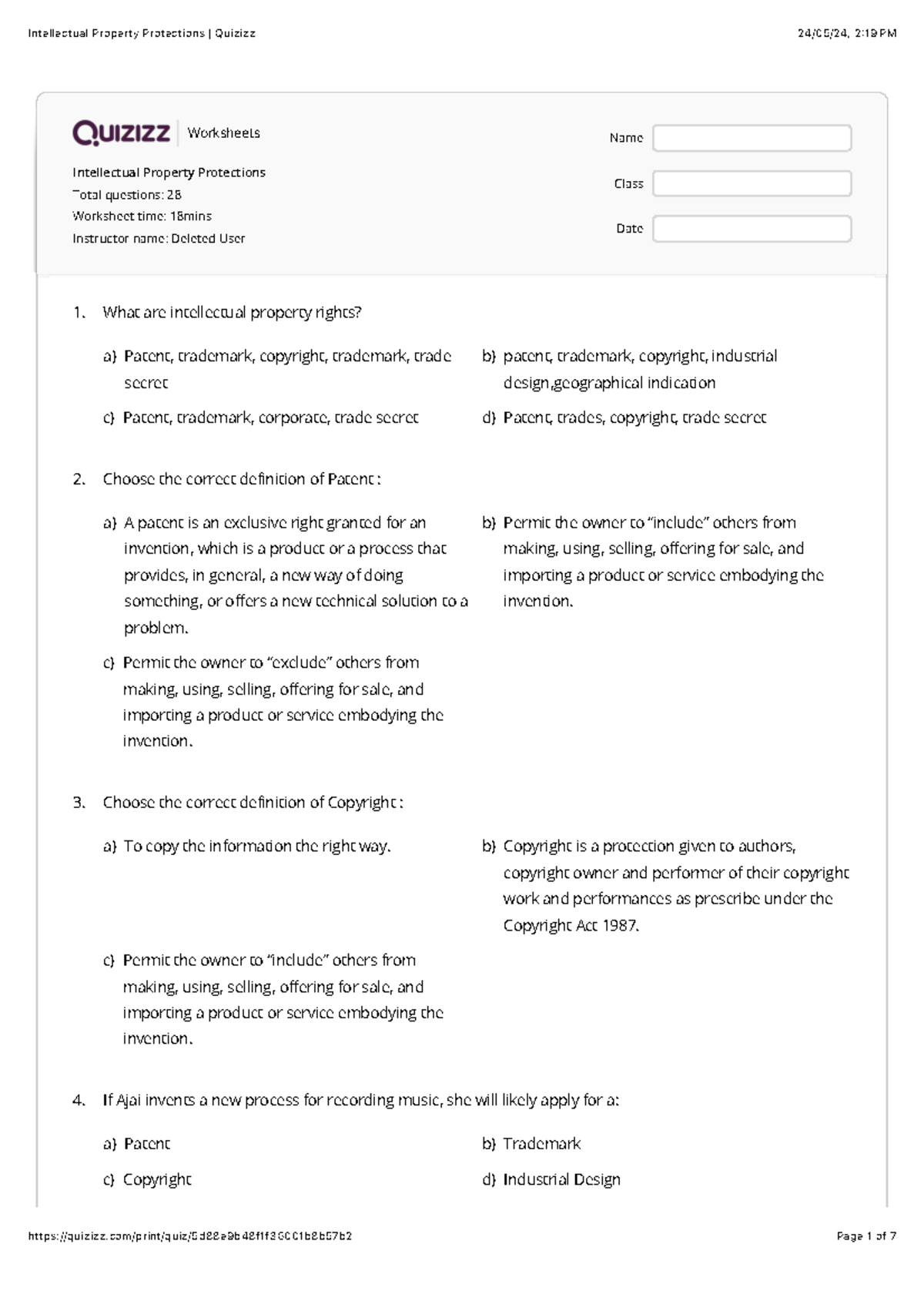 Intellectual Property Protections Quizizz - Worksheets Intellectual ...