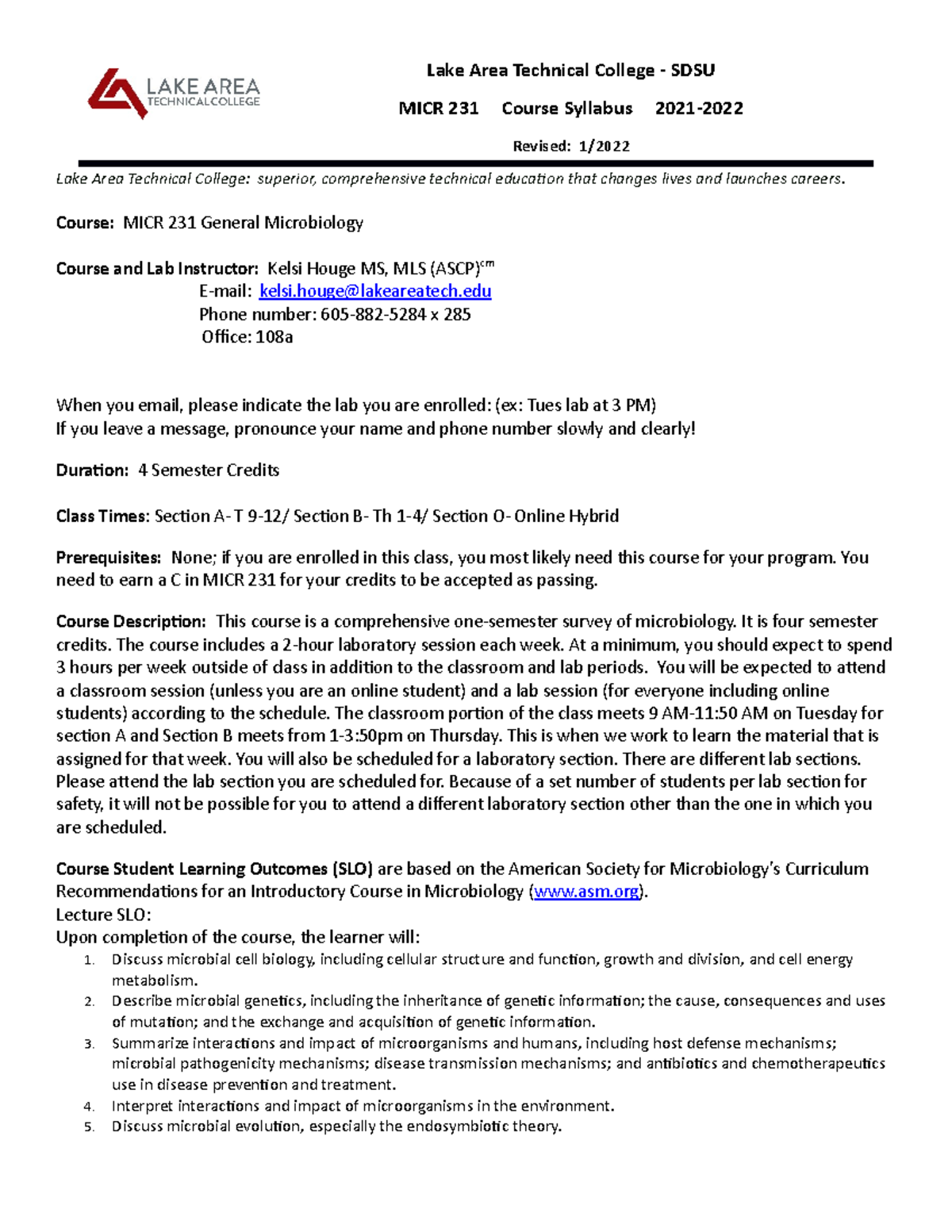 MICR231 Syllabus 2022 - Lake Area Technical College - SDSU MICR 231 ...