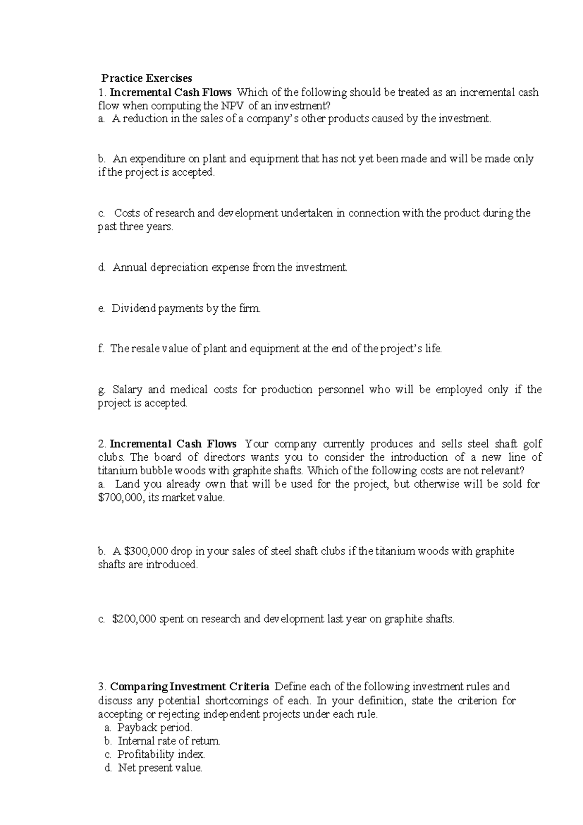 2024 CF1 Practice Exercises - Practice Exercises Incremental Cash Flows ...