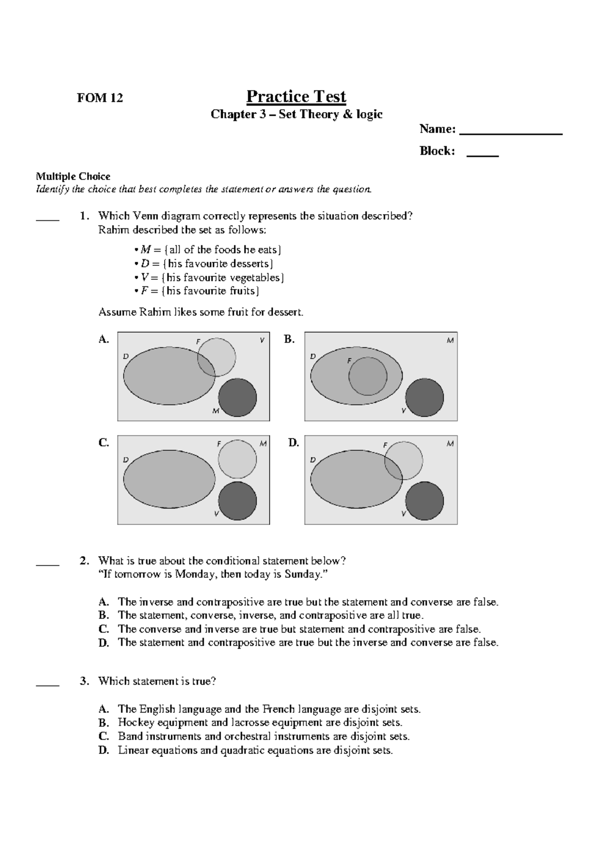 Logic Sets Practice Test - FOM 12 Practice Test Chapter 3 – Set Theory ...