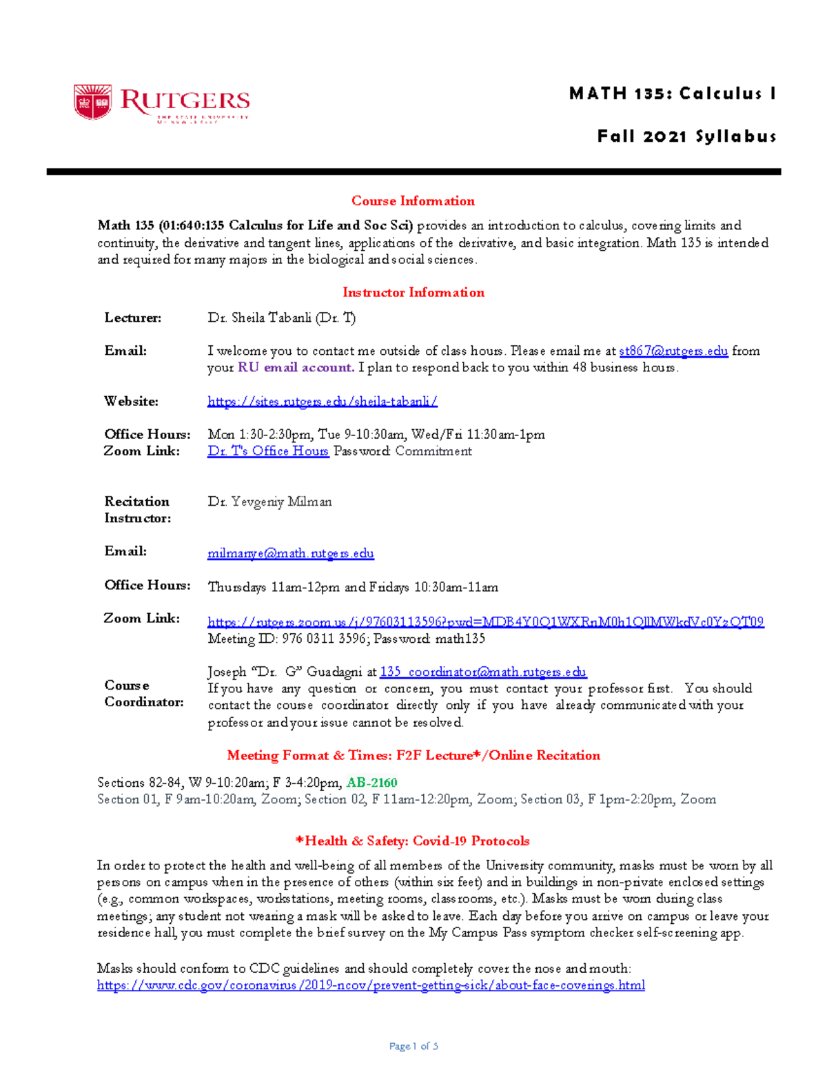 Math 135 Syllabus - Fall2021 (Sects 82-84) - M A T H 1 3 5 : C a l c u l u s I F a l l 2 0 2 1 S ...