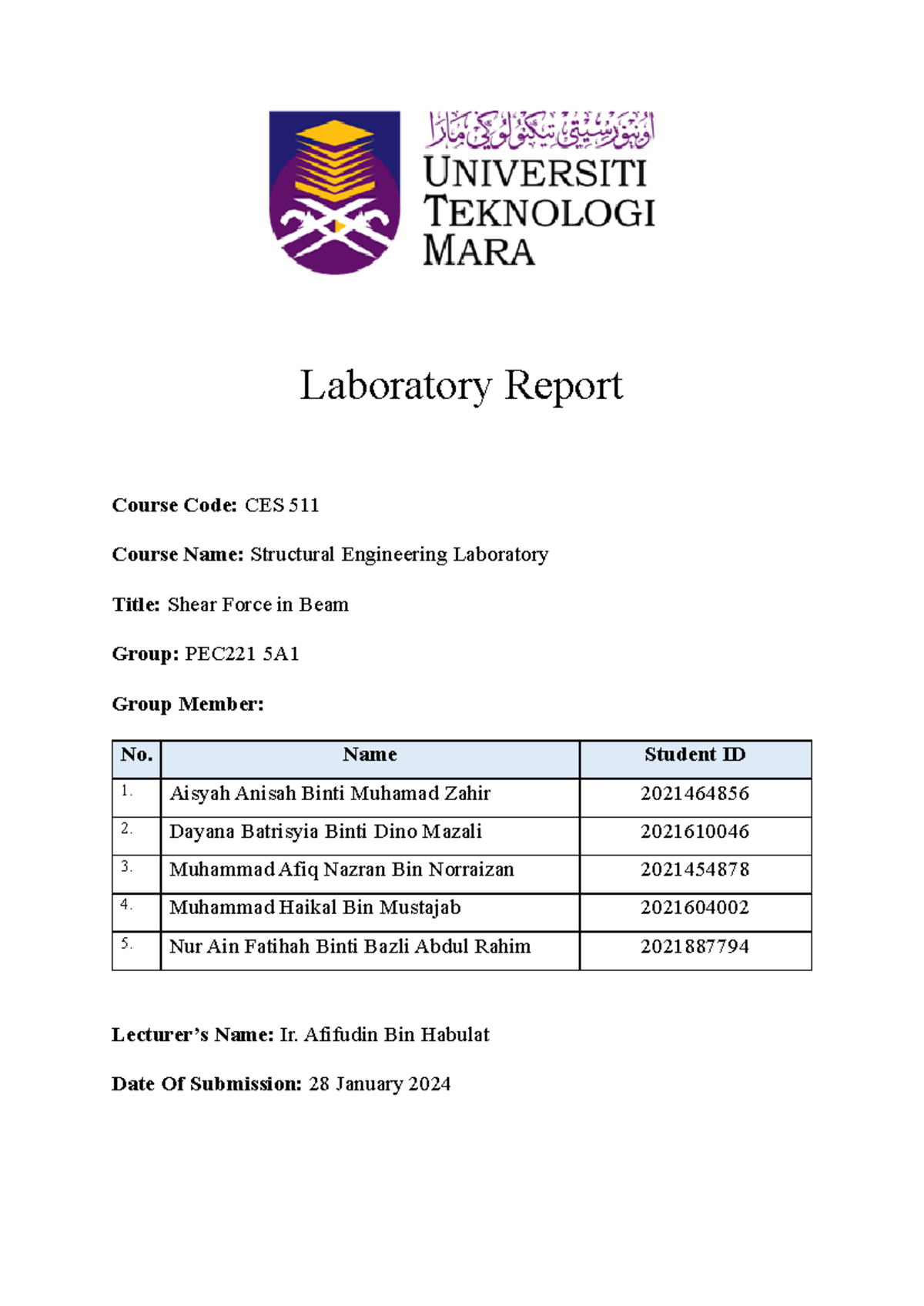 Shear force in Beam - Laboratory Report Course Code: CES 511 Course ...