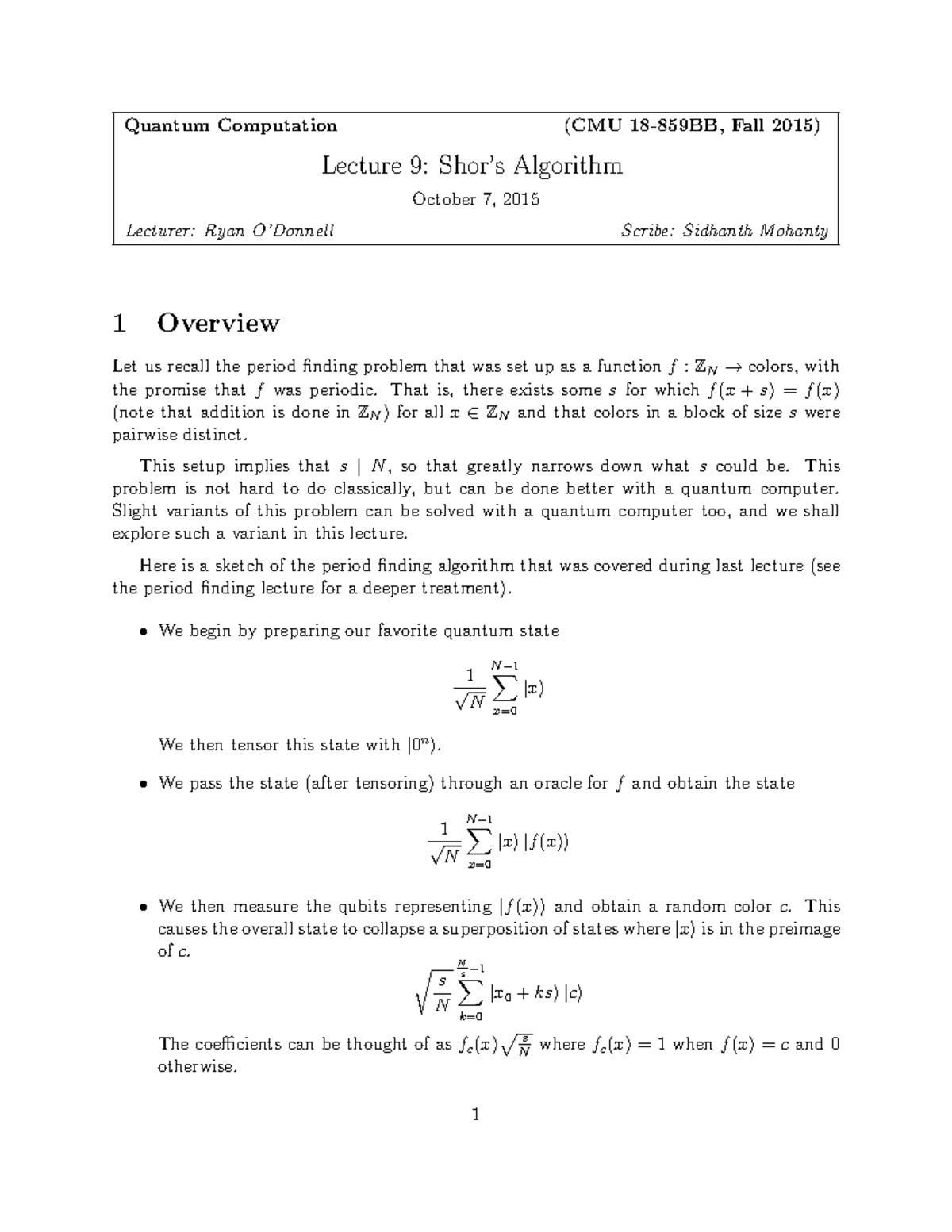 Lecture 09 Quantum Computation Cmu Fall 2015 Lecture 9 Algorithm 1542