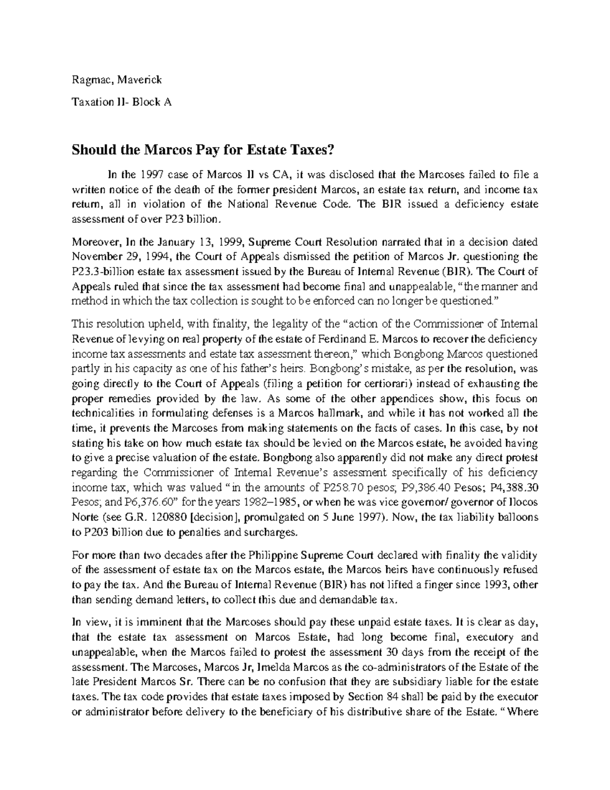 Ragmac Position Paper - Ragmac, Maverick Taxation II- Block A Should ...