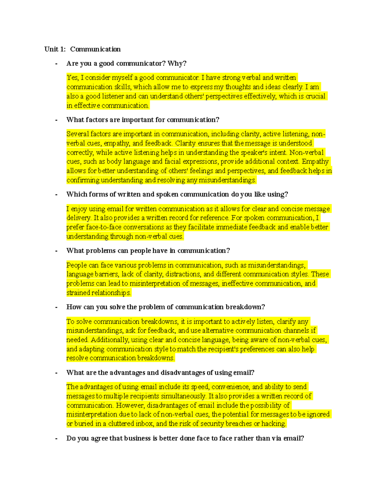 Speaking-Questions-1 - Unit 1: Communication Are you a good ...