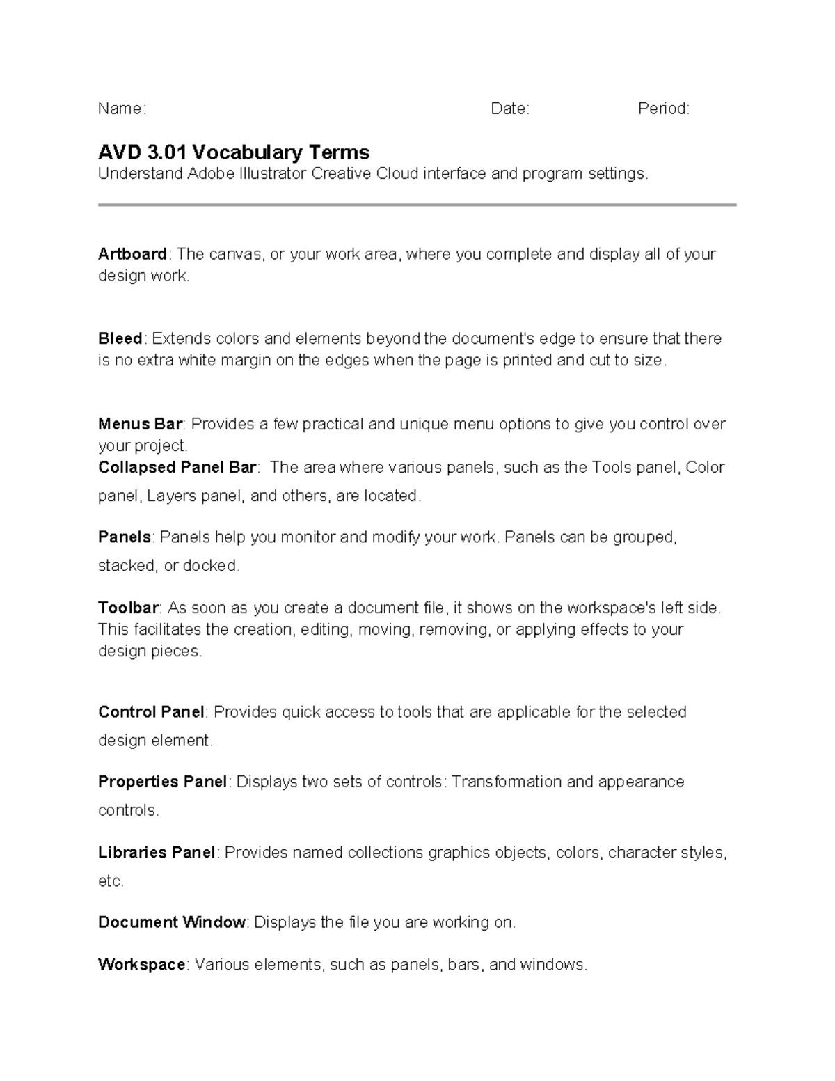 AVD Vocabulary Terms 3 - Name: Date: Period: AVD 3 Vocabulary Terms ...