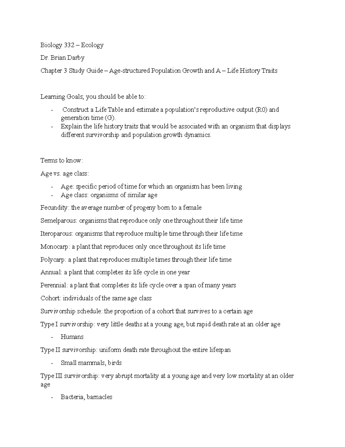 Chapter 3 Study Guide - Dr. Brian Darby - Biology 332 – Ecology Dr ...