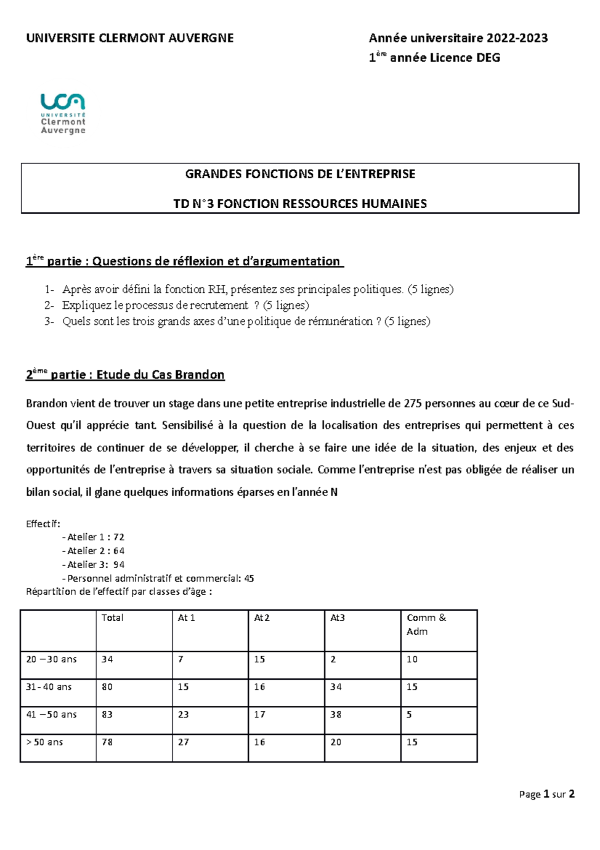 TD 3 GRH 20222023 - td3 - UNIVERSITE CLERMONT AUVERGNE Année universitaire 2022- 1 ère année ...
