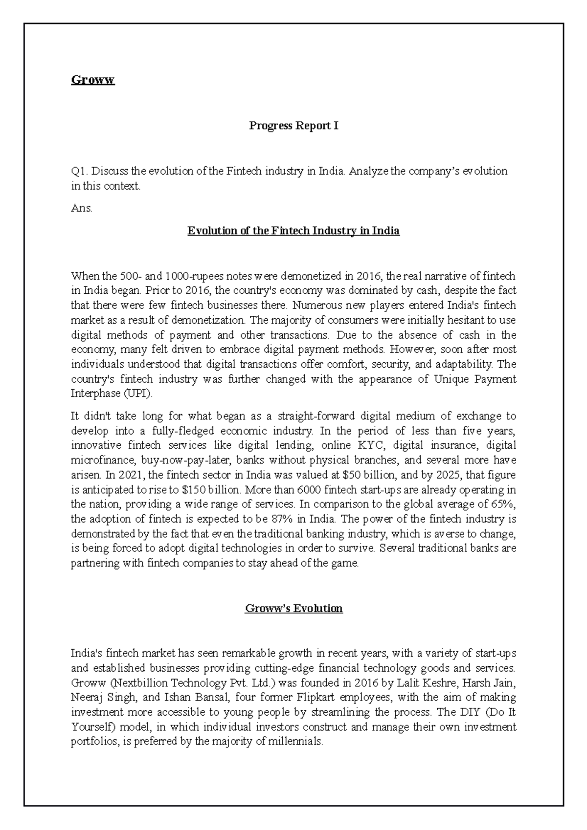 ALG3 - Groww - Progress Report I - Groww Progress Report I Q1. Discuss ...