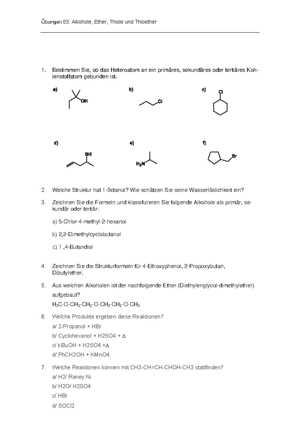 Übungen OC nr. 03 - Übungen 0 3 : Alkohole, Ether, Thiole und Thioether ...