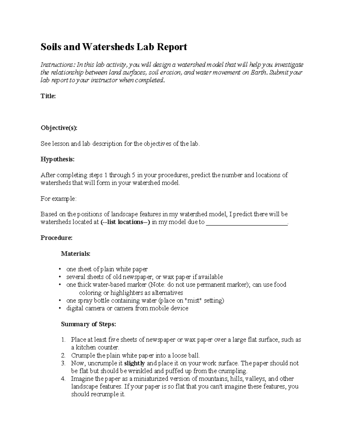 Soils watersheds lab report - Soils and Watersheds Lab Report ...
