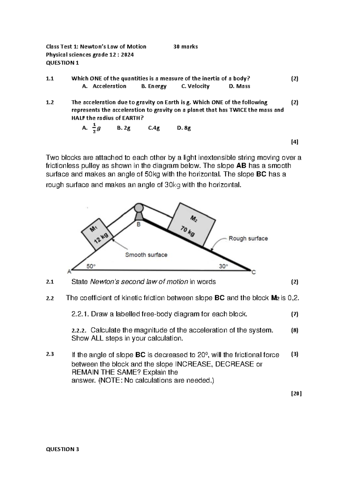 Class Test 1 Newtons Law 30 marks - Class Test 1: Newton’s Law of ...
