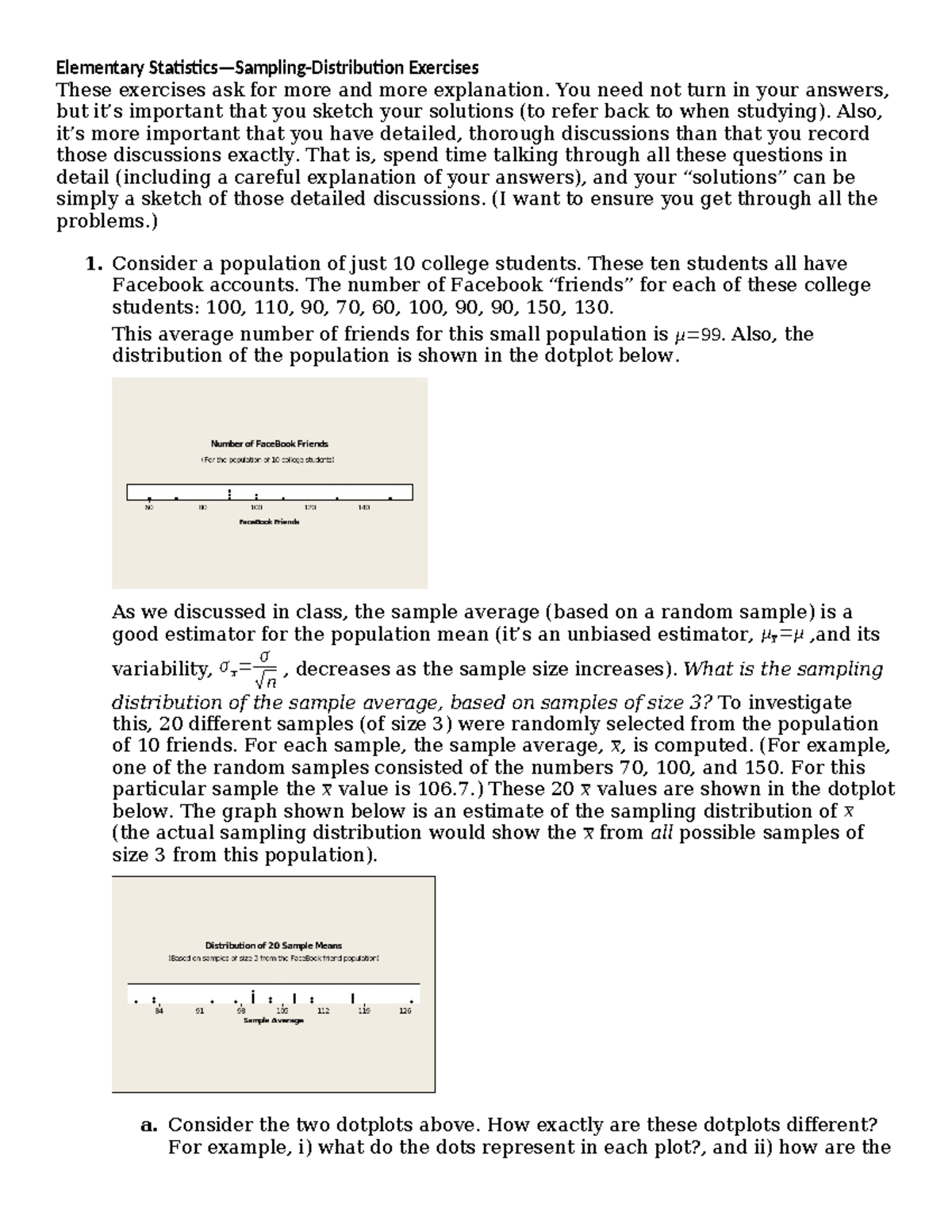 Sampling-distribution exercise - Elementary Statistics—Sampling-Distribution Exercises These ...