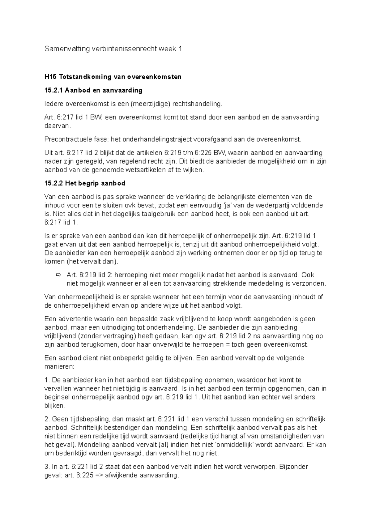 Samenvatting verbintenissenrecht week 1 - 2 Aanbod en aanvaarding ...