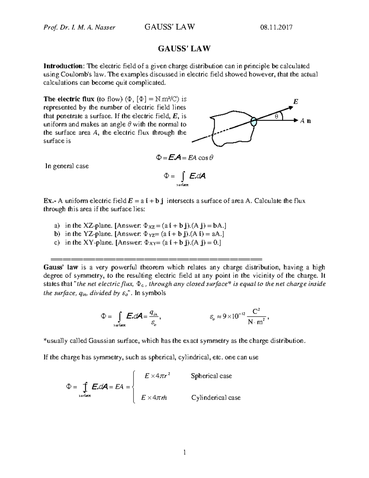Gauss theorem - gg - ####### GAUSS' LAW Introduction : The electric ...