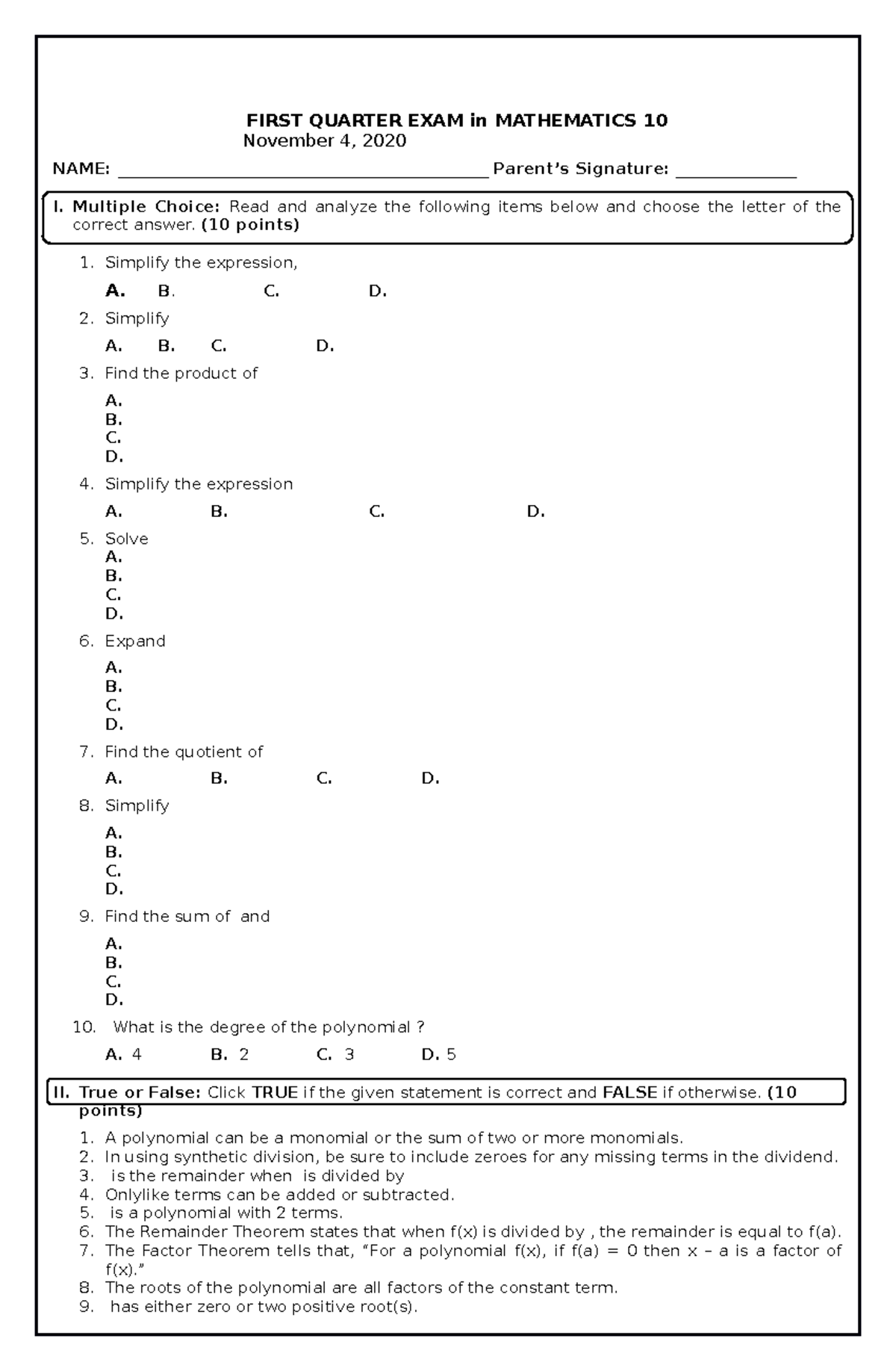 Math 10 1st Quarter - FIRST QUARTER EXAM in MATHEMATICS 10 November 4 ...