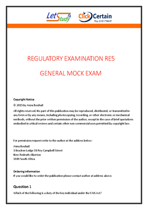 RE Mock Exam 3 Jan 2019 - re 5 exam - REGULATORY EXAMINATION RE1 & RE ...
