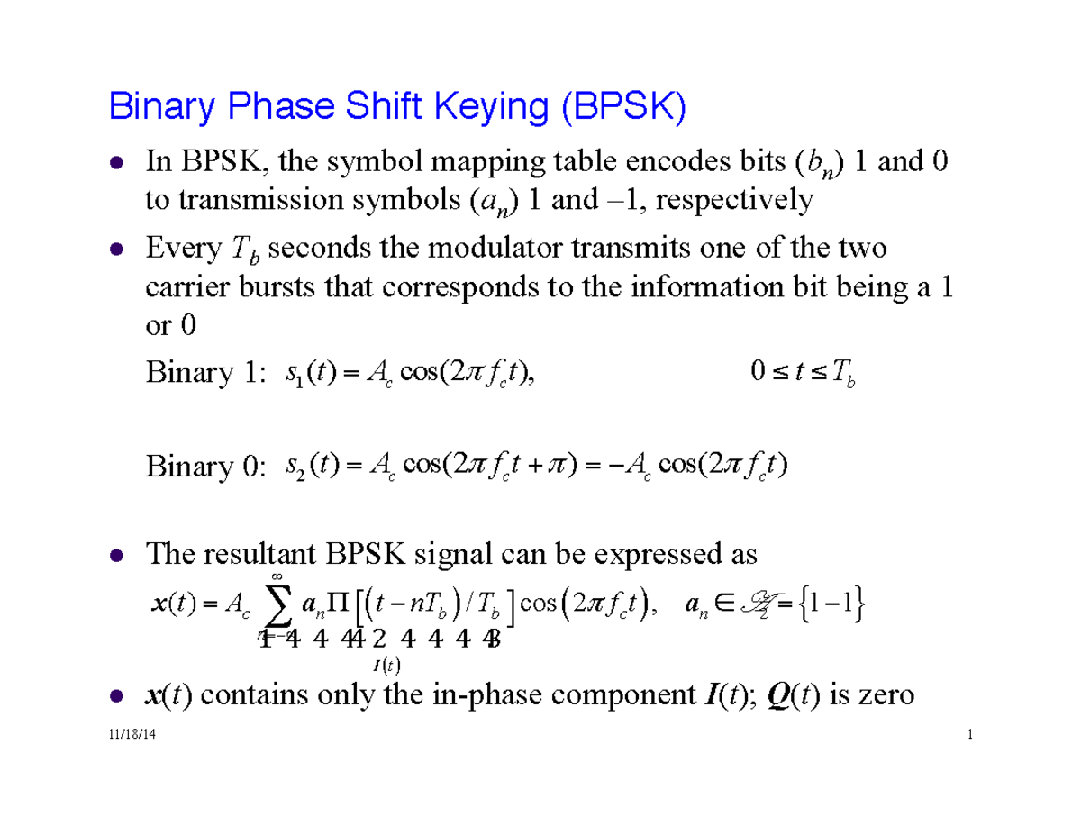 Phase Shift Keying Modulation Binary Phase Shift Keying BPSK L In