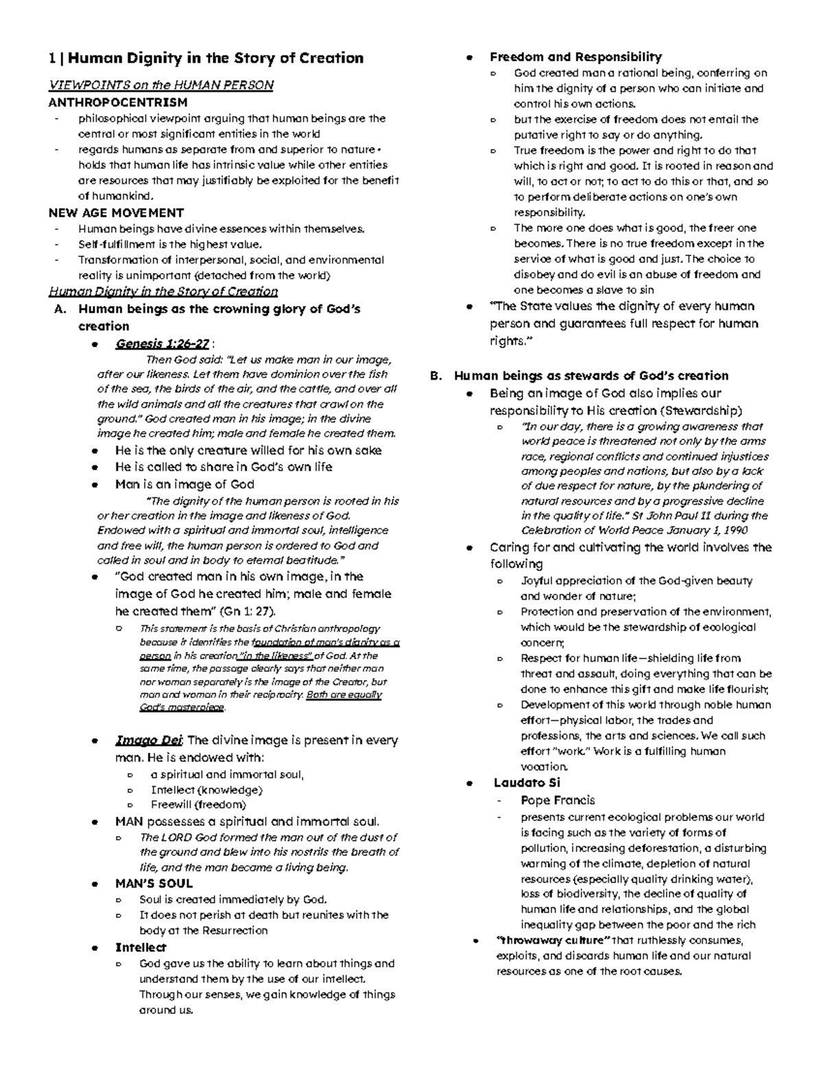 Theology - Class notes - 1 | Human Dignity in the Story of Creation ...