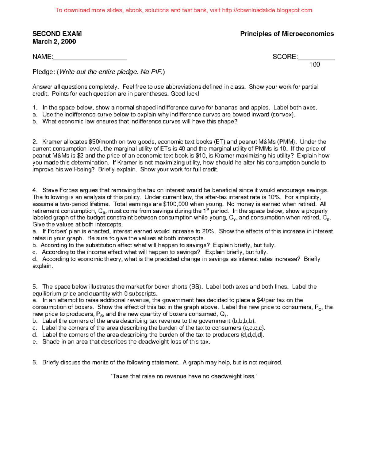Solution Manual Principles of Micro Economics 3rd by Mankiw exam-2-2000 ...