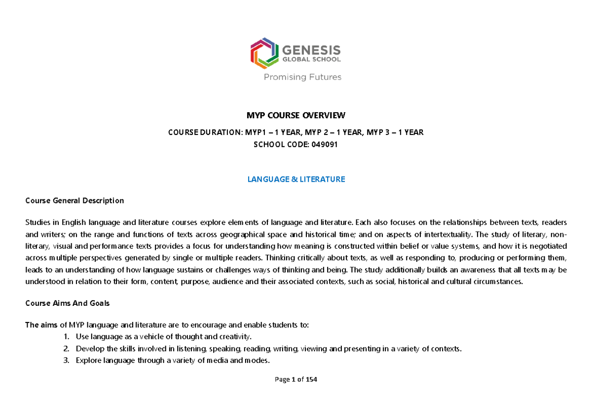 Genesis Global School - Lecture notes - MYP COURSE OVERVIEW COURSE ...