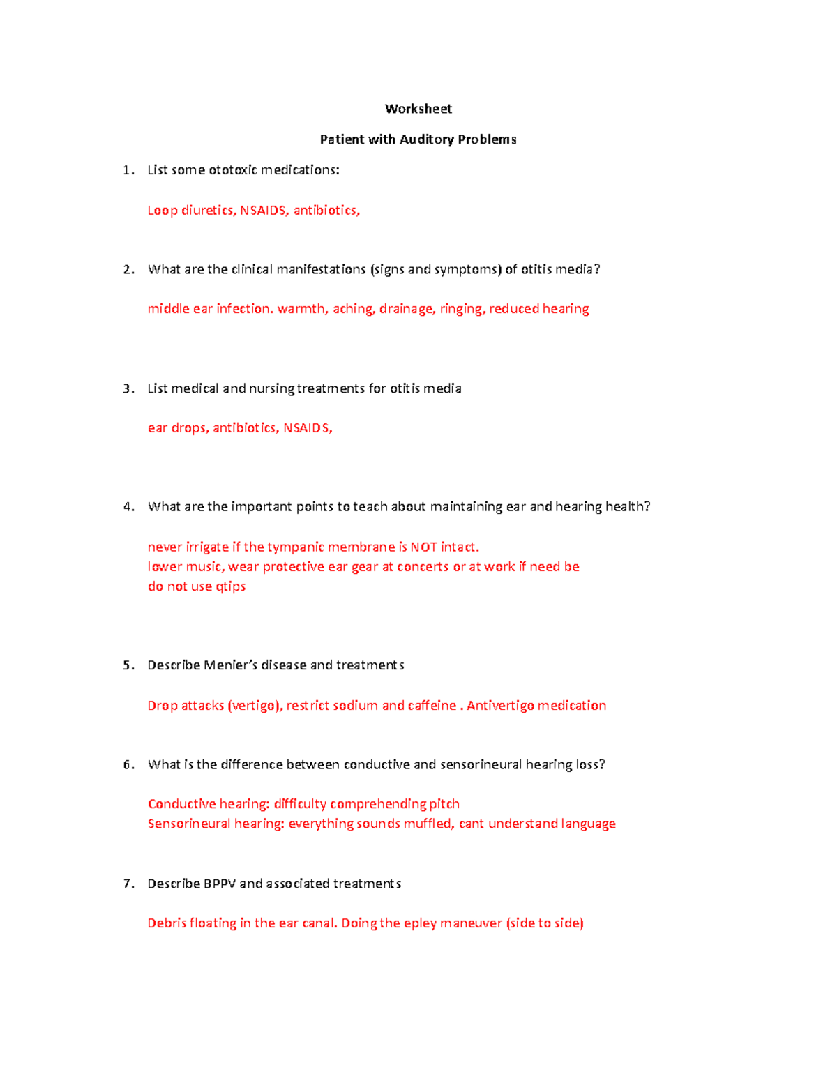Worksheet Unit I - work sheet - Worksheet Patient with Auditory ...