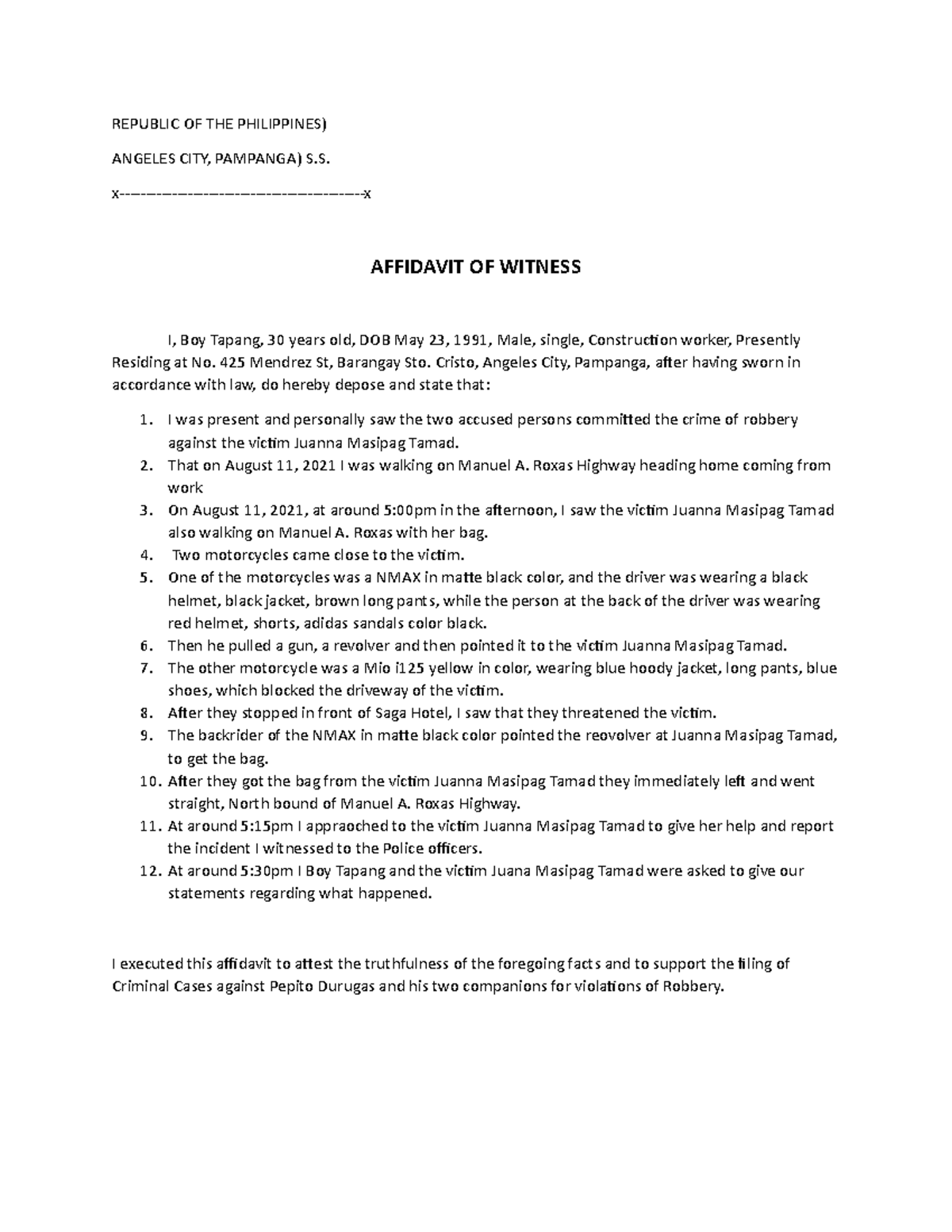 Affdavit of witness malone - REPUBLIC OF THE PHILIPPINES) ANGELES CITY ...