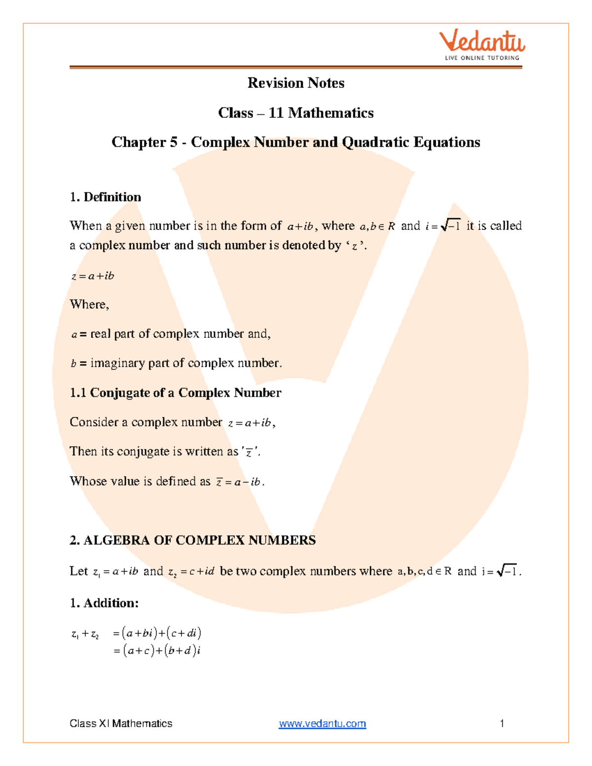 Class 11 Maths Revision Notes Complex Numbers And Quadratic Equations 