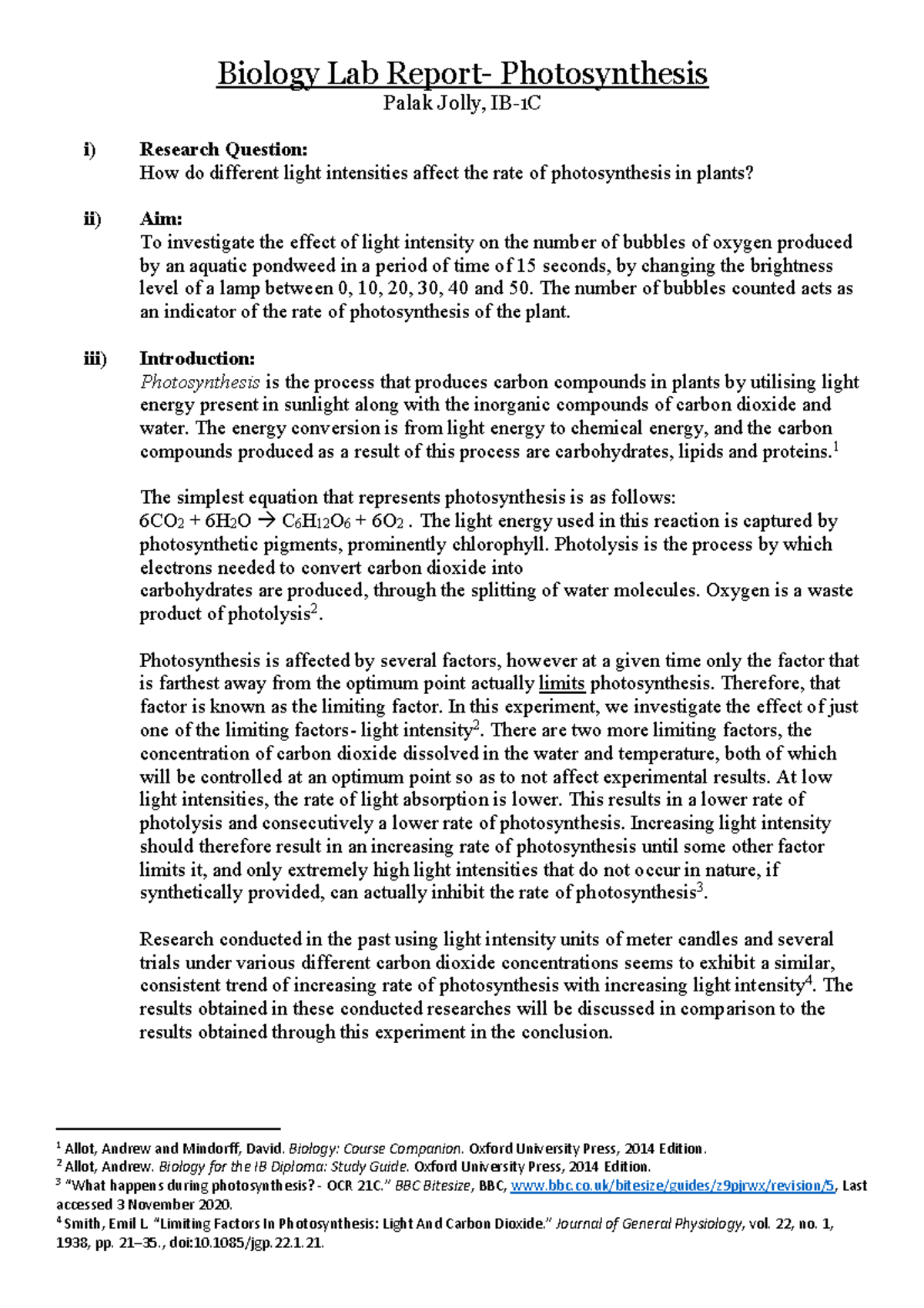 Biology Photosynthesis Lab Report - Biology Lab Report- Photosynthesis ...