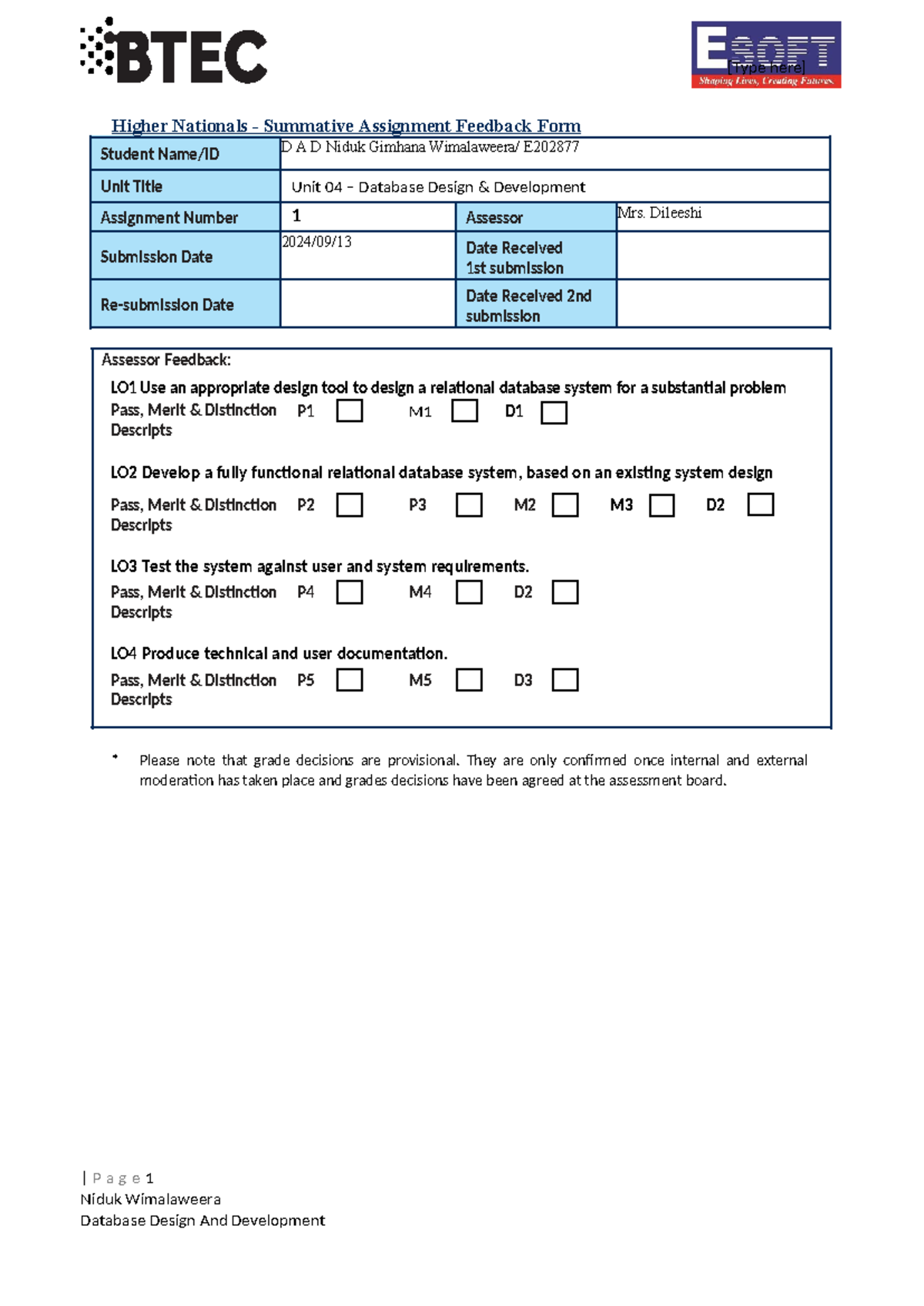 Unit 04 Database Design and Development 202 - Higher Nationals ...