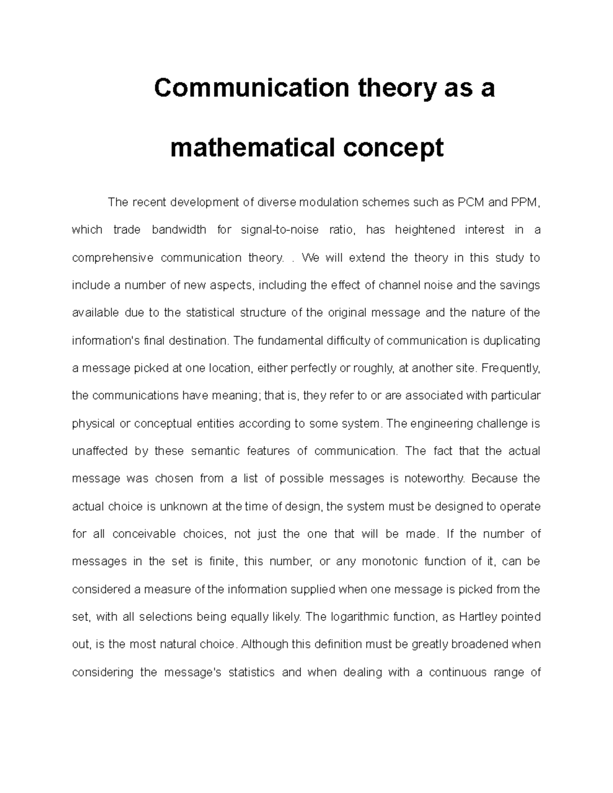 Communication theory as a mathematical concept - Communication theory ...
