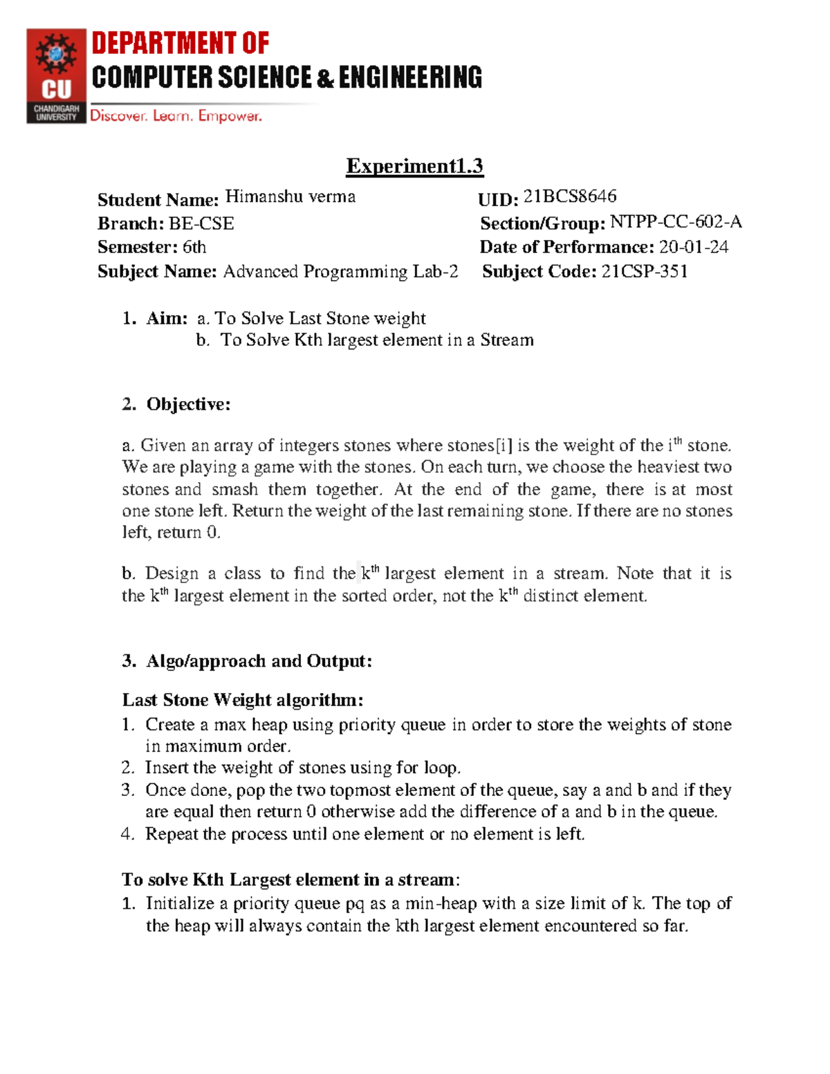 AP full - DEPARTMENT OF COMPUTER SCIENCE & ENGINEERING Experiment1. 3 Student Name: UID: Branch ...