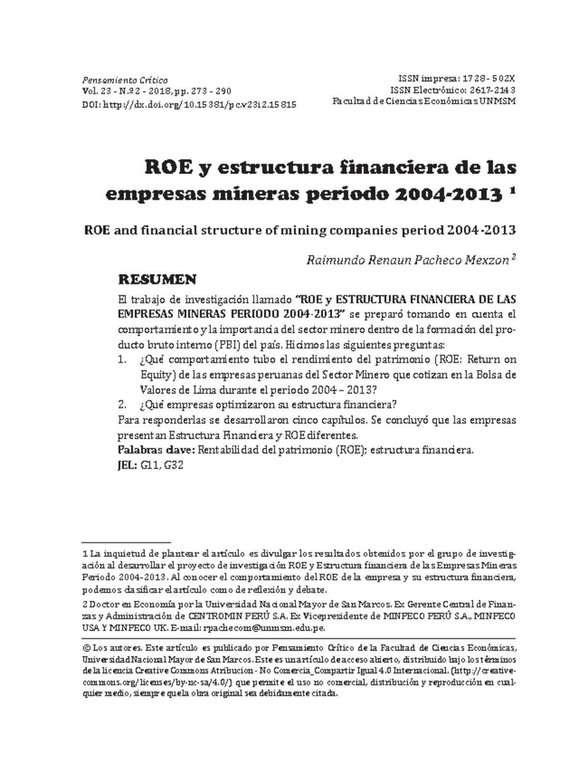 Lectura acerca del ROE en las empresas mineras del Perú - Pensamiento ...