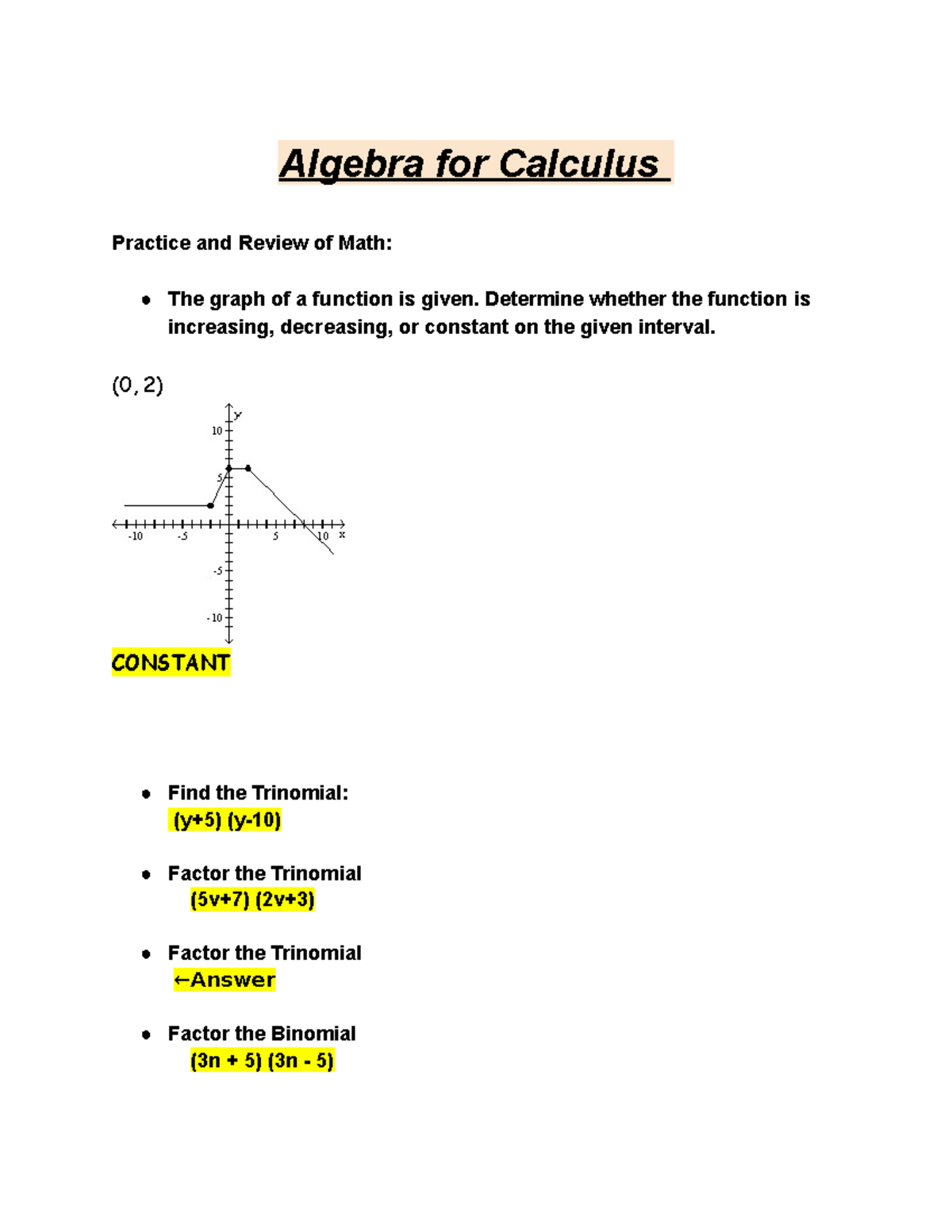 Algebra for Calculus - Algebra for Calculus Practice and Review of Math ...