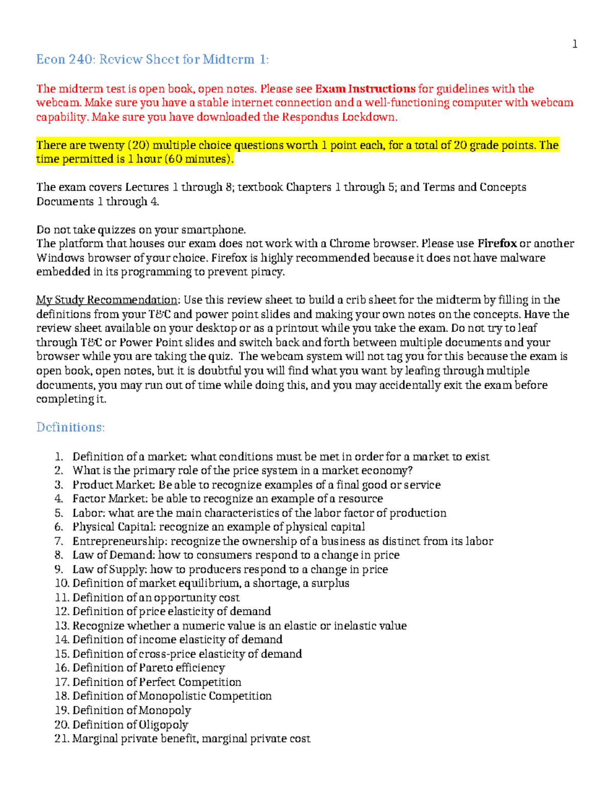 Econ 240 Midterm 1 Review Sheet Econ 240 Review Sheet For Midterm 1 The Midterm Test Is Open