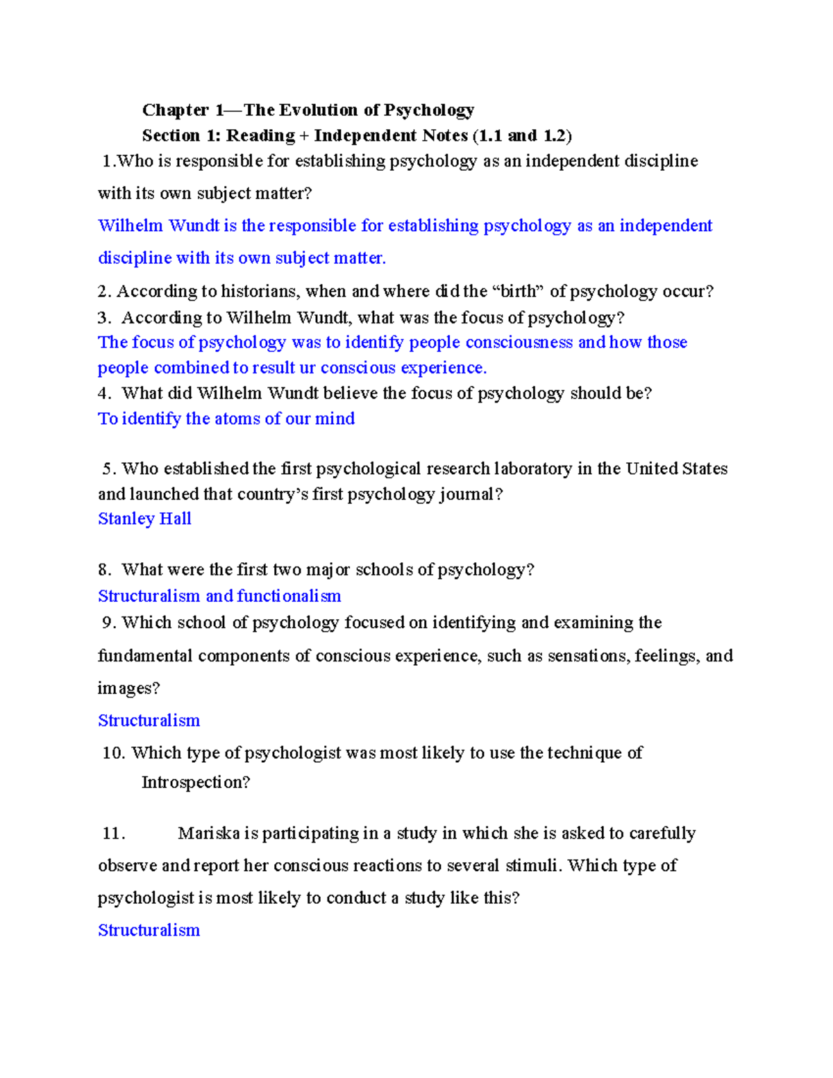 Psych Study Guide Exam 1-2 - Chapter 1—The Evolution of Psychology Section 1: Reading ...