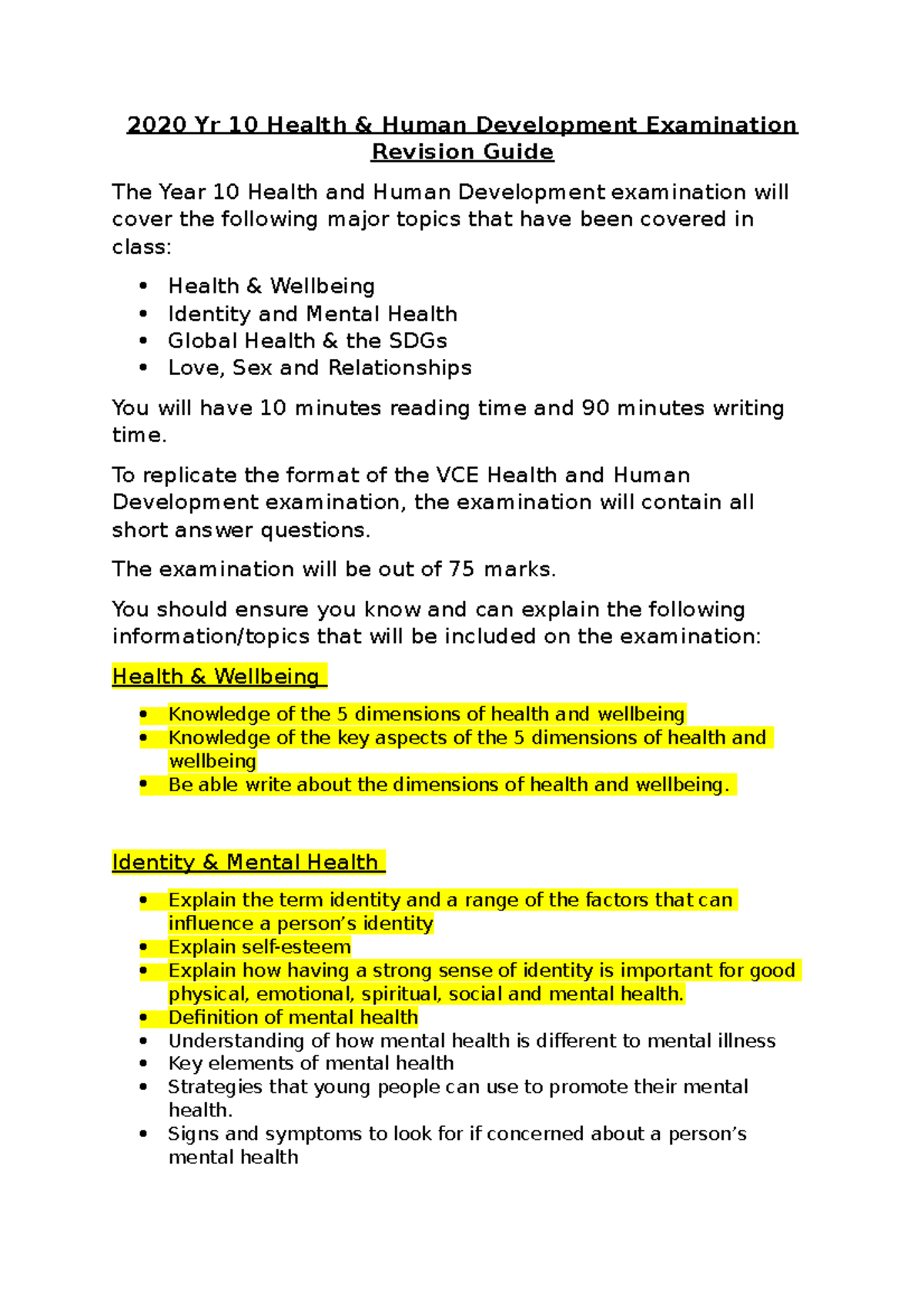 2020 Exam Revision Guide - 2020 Yr 10 Health & Human Development ...