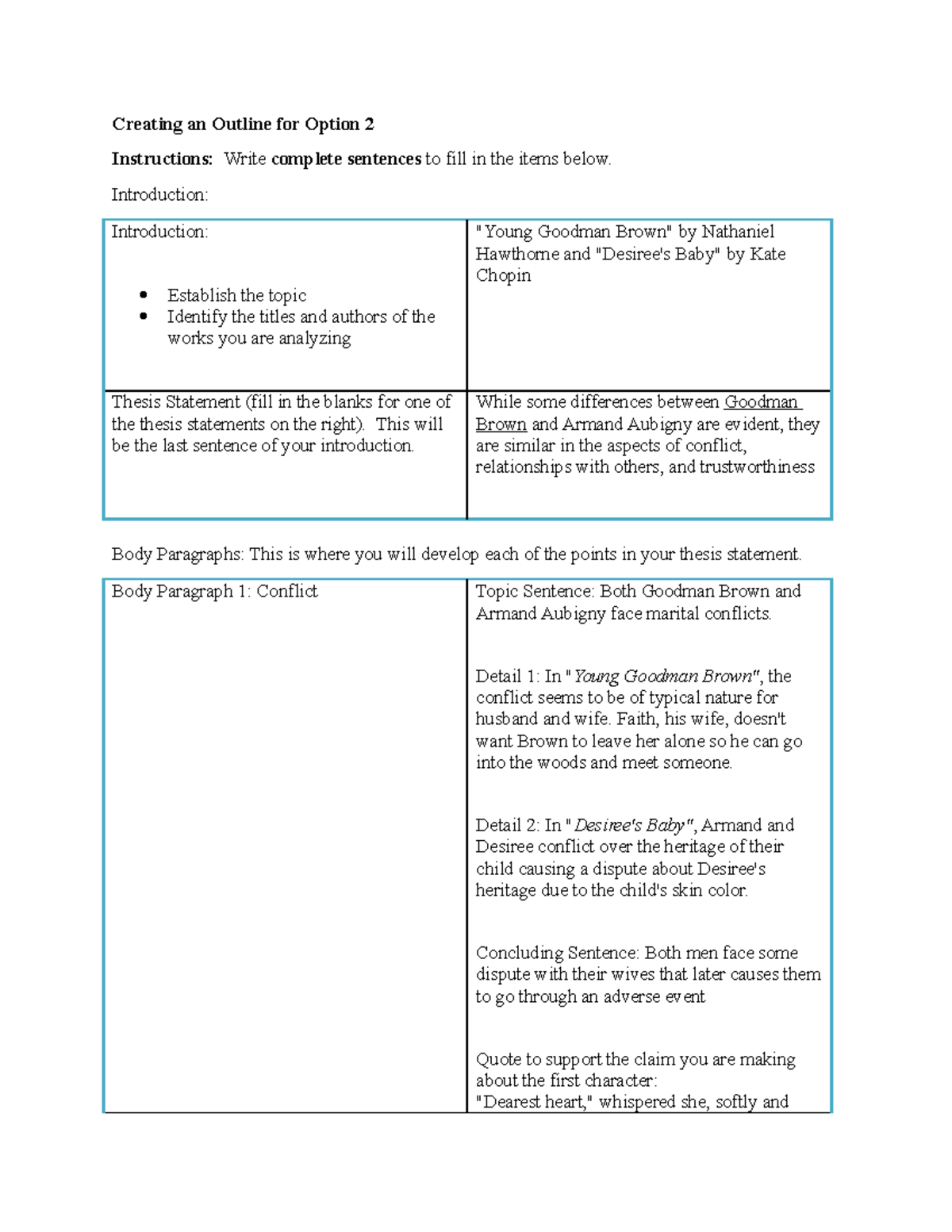 Outline for "Young Goodman Brown" by Nathaniel Hawthorne and "Desiree's ...