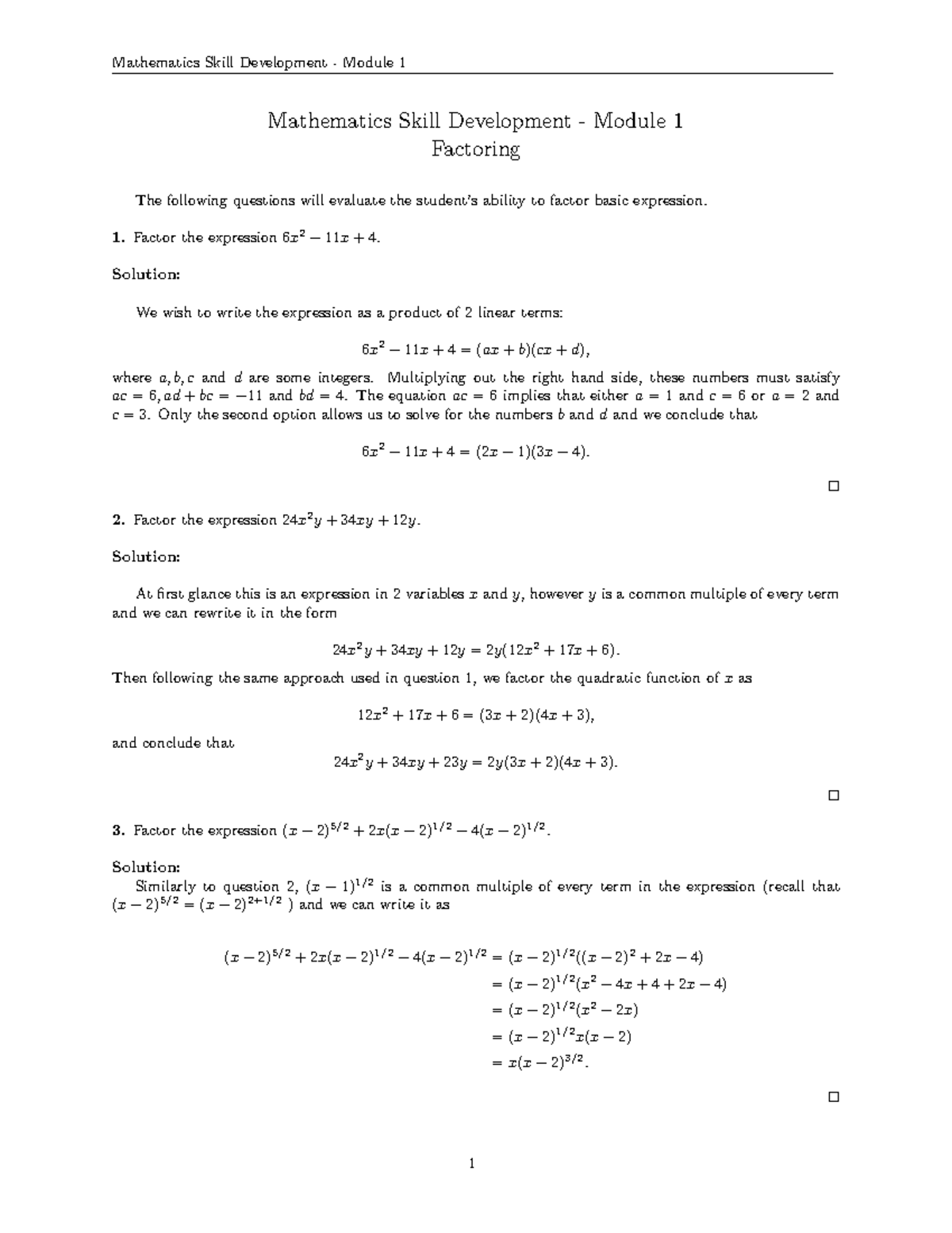 Mod1-question Solutions-Factoring - Mathematics Skill Development ...