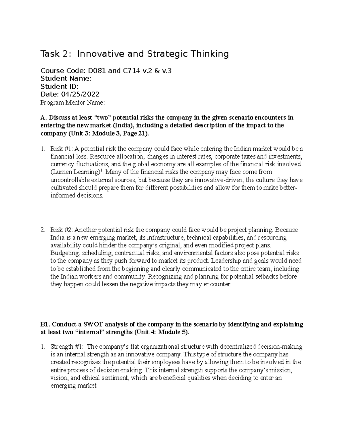 C714-D081 Task 2 - 03-2022 - Task 2: Innovative and Strategic Thinking ...